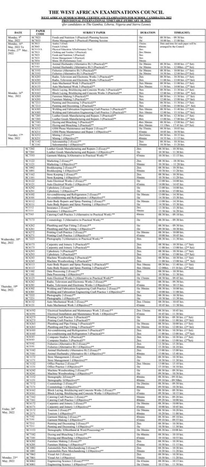 WAEC Timetable 2024/2025 For May/June Examinations (DOWNLOAD PDF)