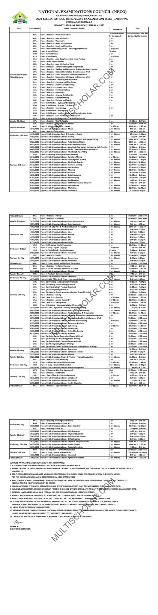 NECO Timetable 2026/2027 — June/July SSCE (DOWNLOAD PDF)